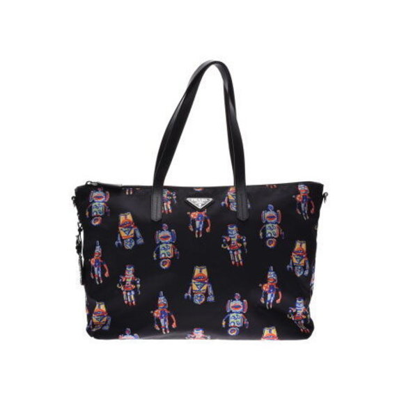 Prada | Bags | Prada Tote Bag Robot Pattern Black Nylon Handbag Sora ...